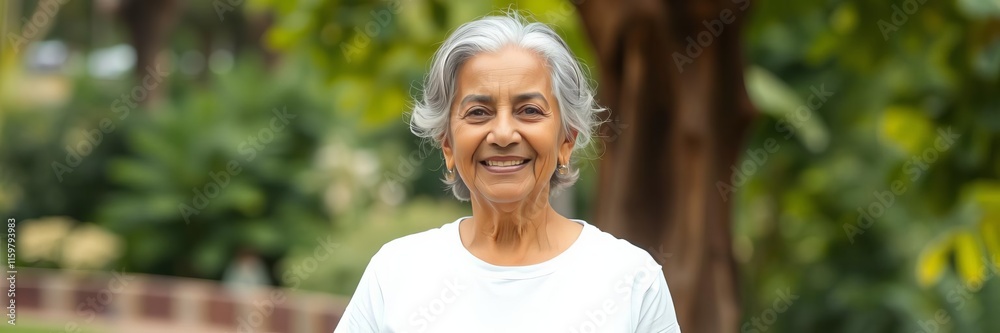 Senior Indian woman in her 50s, with greying hair and warm smile ...