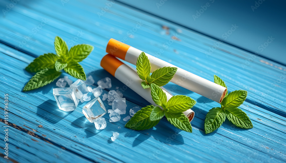 Cigarettes, menthol crystals and mint leaves on blue wooden table, flat ...