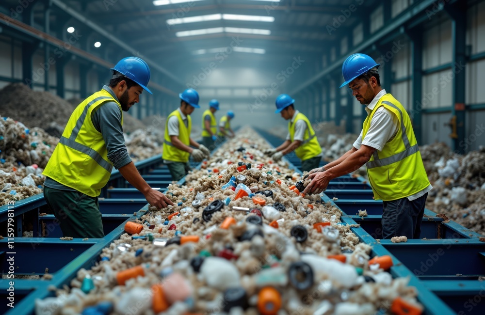 Waste sorting facility shows workers sorting mixed waste on conveyor ...