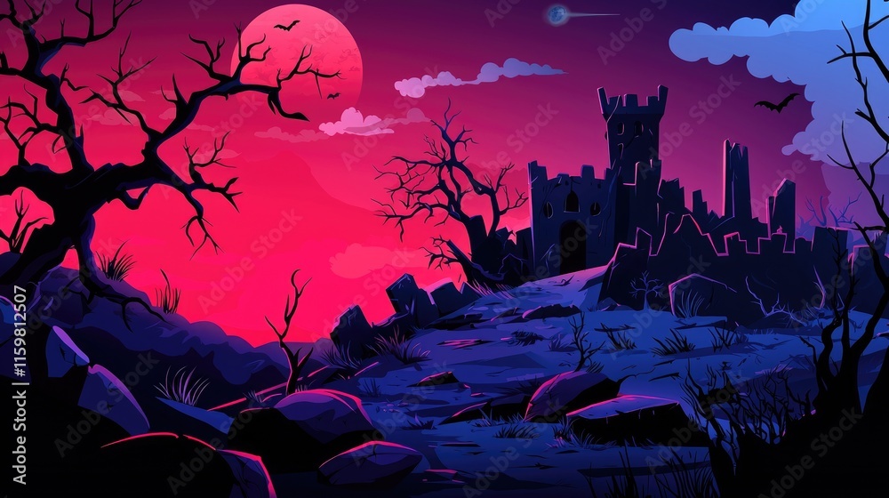 A Silhouetted Castle on a Hilltop Under a Crimson Moon, 2d cartoon for ...