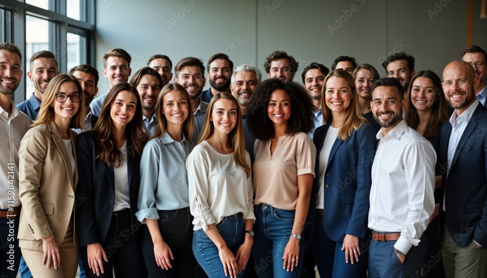 Foto Large diverse group of happy adults stands together indoors ...