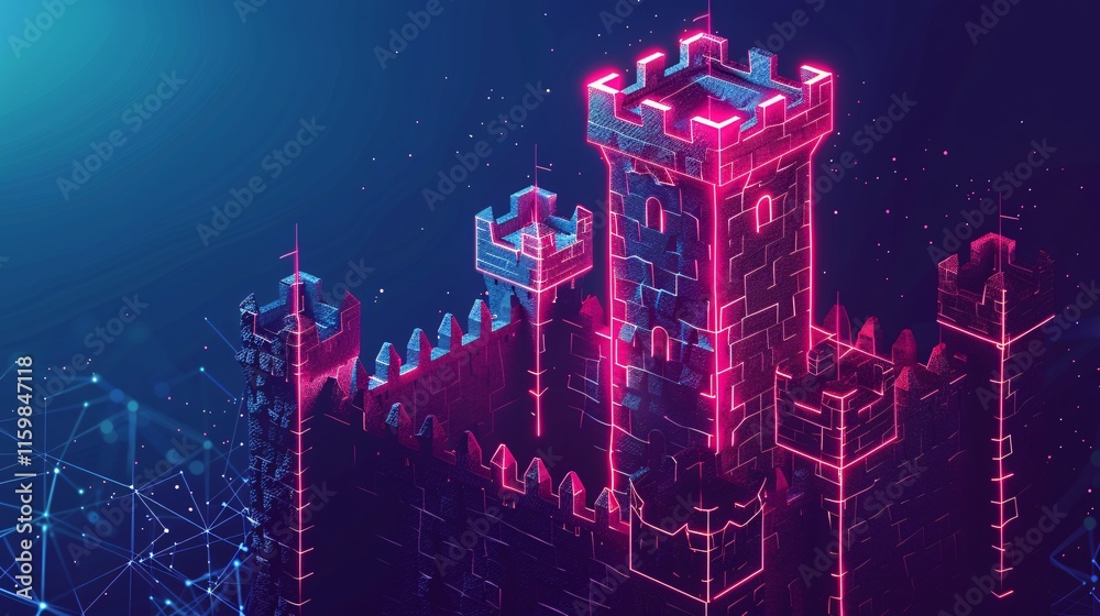 Futuristic glowing neon fantasy castle tower with abstract polygonal ...