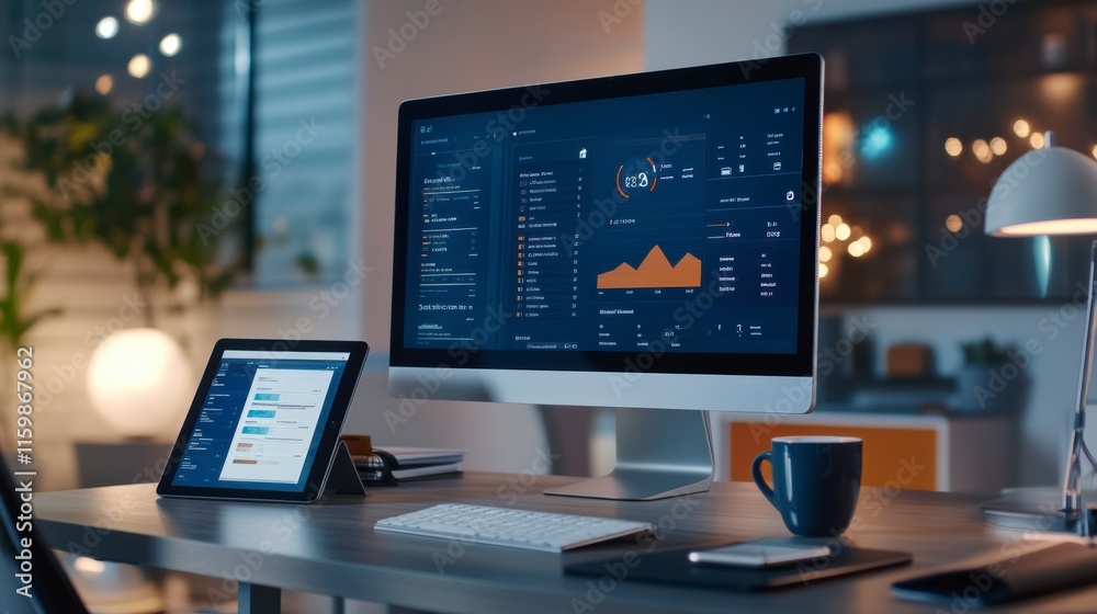 Modern home office setup with sleek computer displays and insightful analytics dashboard ...