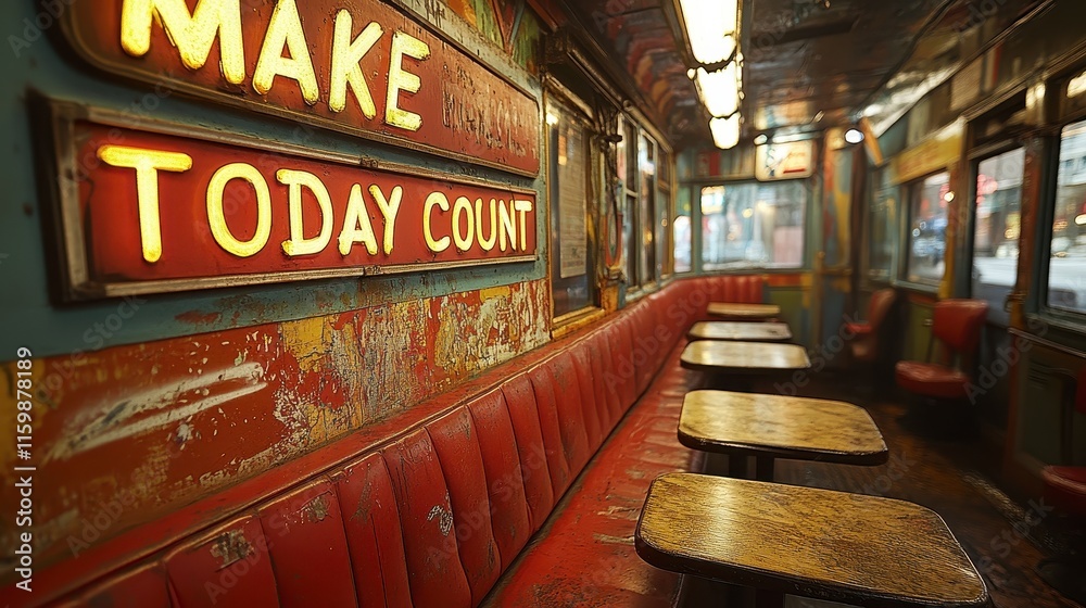 Retro diner interior with red booths, wooden tables, and motivational ...