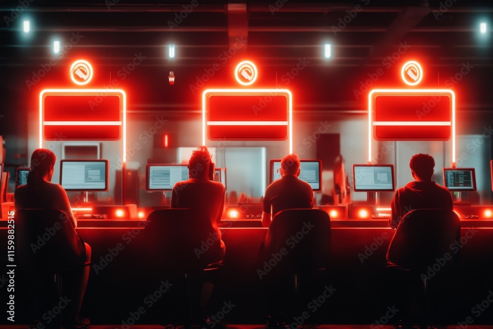 A cyberpunk-themed immigration hub with neon lights, biometric scanners ...
