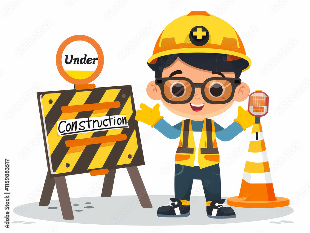 flat cartoon about one cute safety man wear safety glass, safety ...