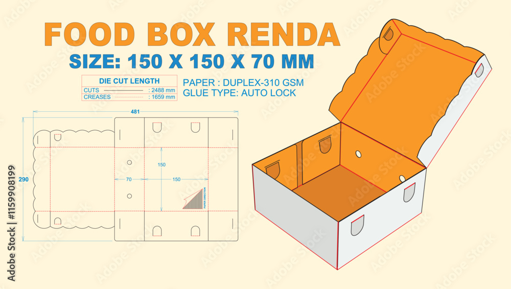 Food Box Renda 150 x 150 x 70 mm. Packaging Die Cut Template Design. 2d ...