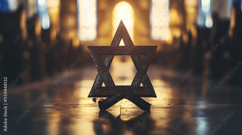 Star of David Silhouette in Warm Glowing Synagogue Interior Setting ...