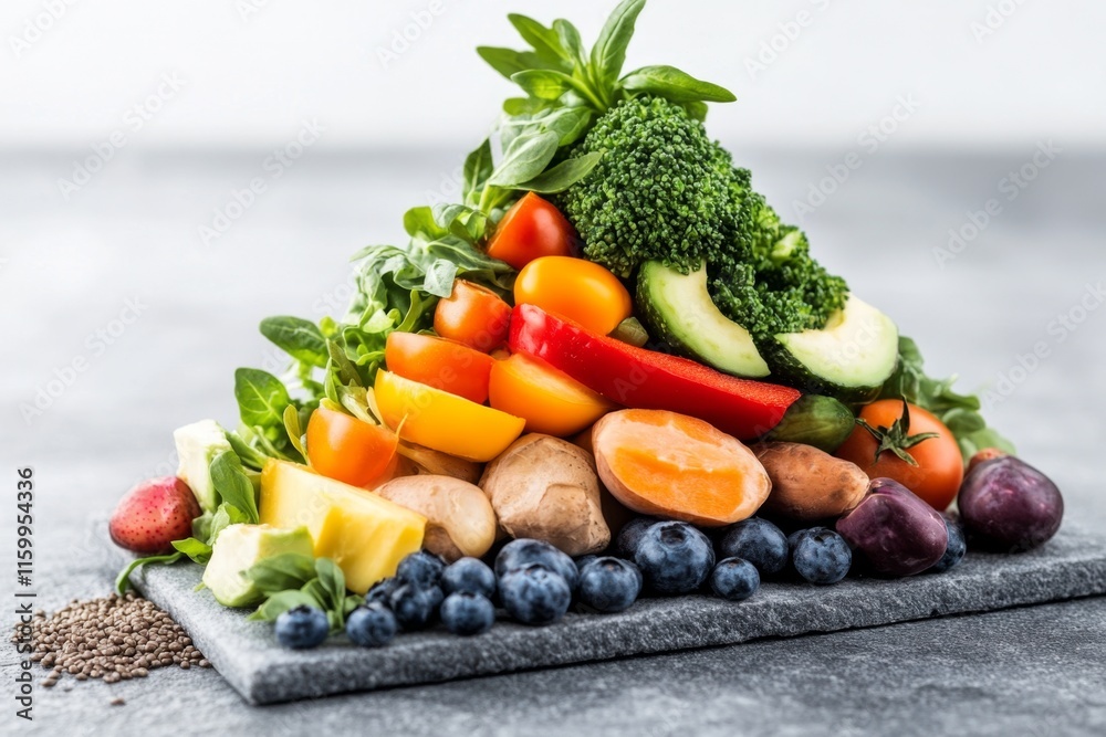 A food pyramid infographic illustrating balanced nutrition with ...