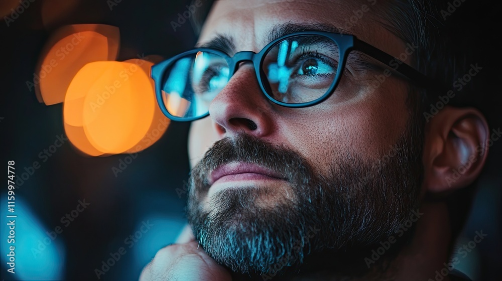 Thoughtful man contemplating technology and innovation in a digital ...