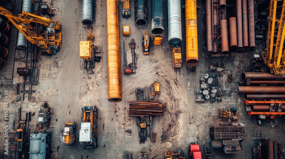 Bird's eye view of a pipe manufacturing facility, with trucks loading ...