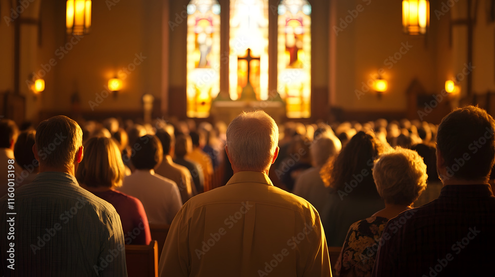 Crowded Church Interior during Worship with Focus on Altar and Stained ...