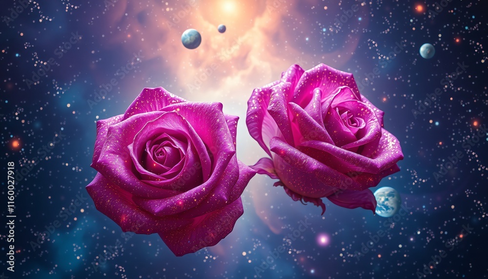Stock-Illustration „Visualize roses floating through a cosmic nebula ...