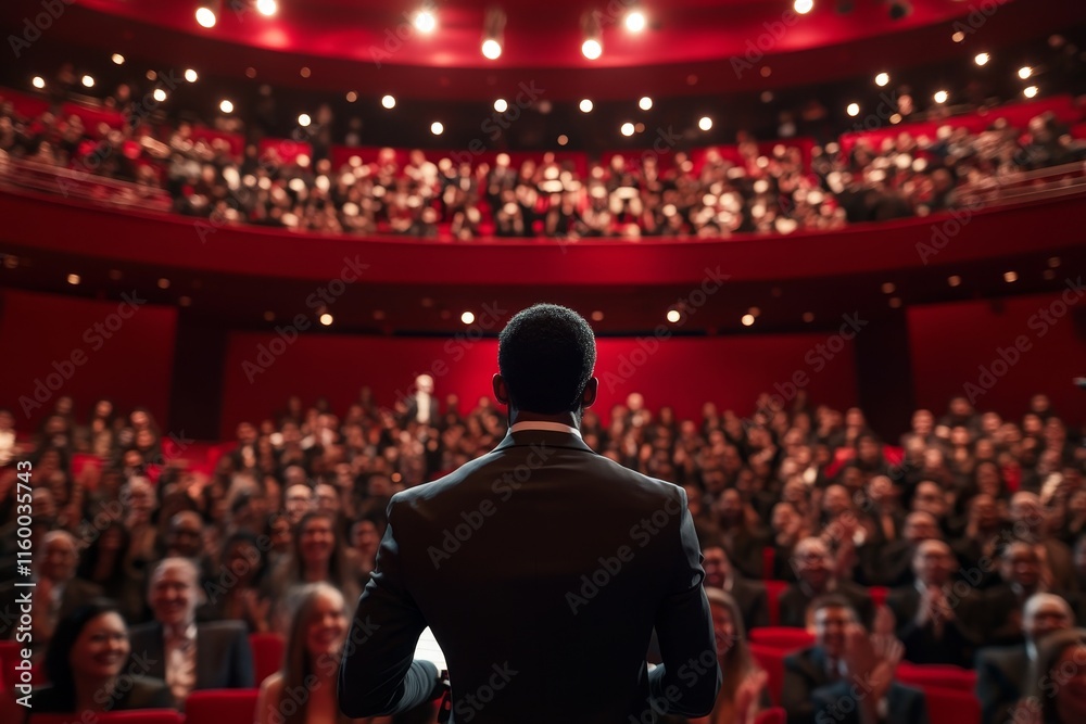 Man giving speech to large audience in theater. Stock Photo | Adobe Stock