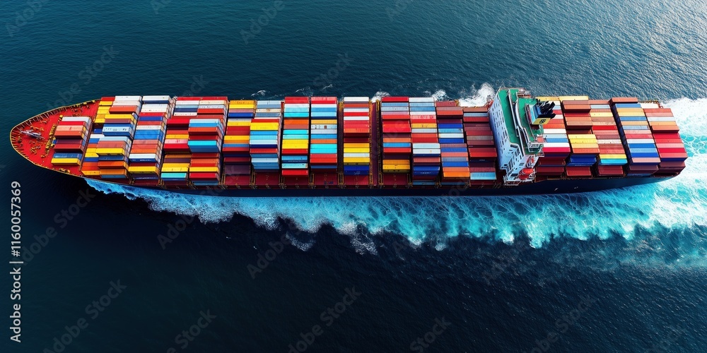 fully loaded cargo ship carrying containers sails toward the open sea, embodying the power of ...