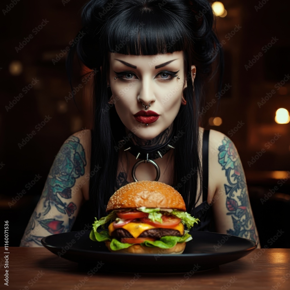 Dark gothic woman, pale skin, red lipstick, black hair, blunt bangs ...