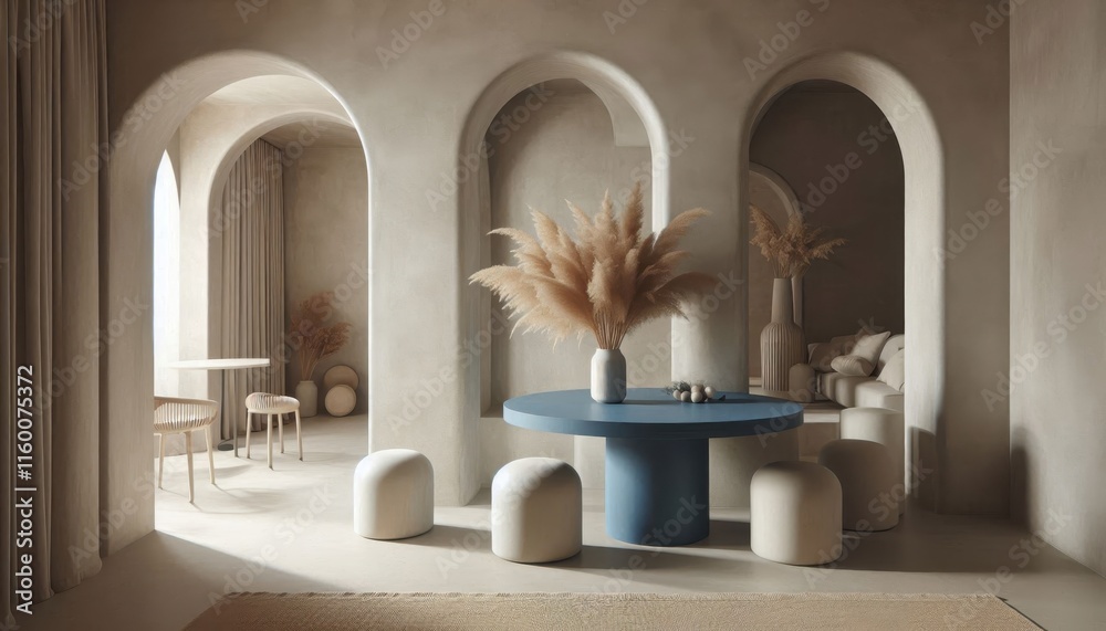 Interior design, minimalist dining space, arched doorway, circular blue ...