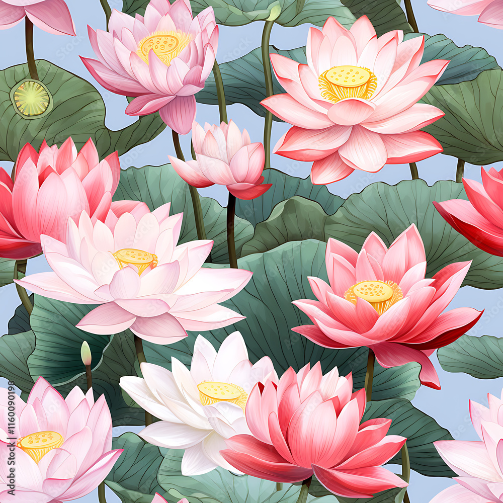 Lotus, seamless pattern, the queen of aquatic plants has leaf stalks ...