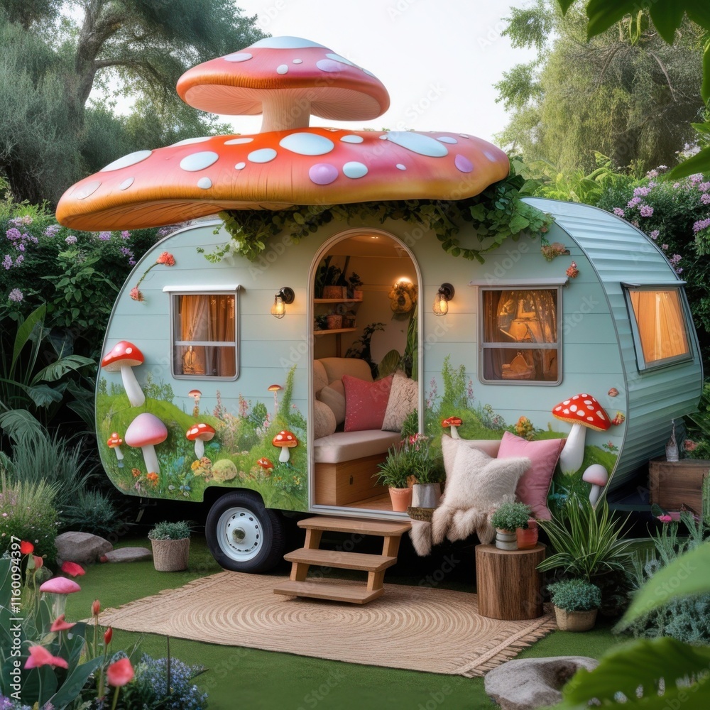 "A whimsical camper trailer designed with a fairy-tale aesthetic ...
