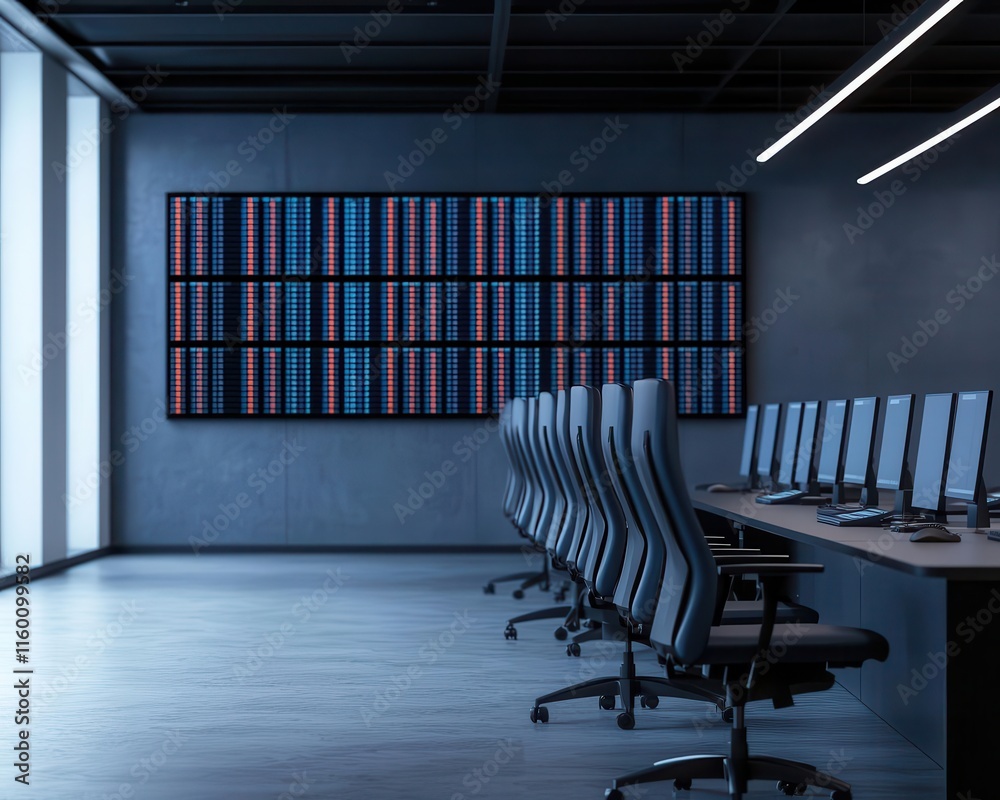 Bank trading room with high ceilings, ergonomic chairs, and large LED ...