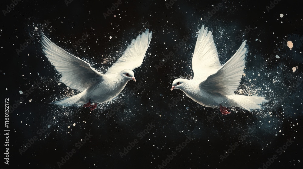 Digital painting of two white dove bird flying with dynamic gesture ...