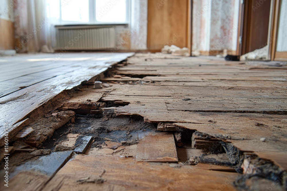 Severely damaged wooden floorboards, showing decay and gaps ...
