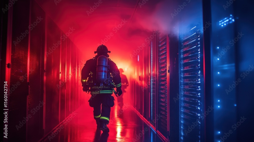 Firefighter walks through smoky server room; red and blue lighting ...