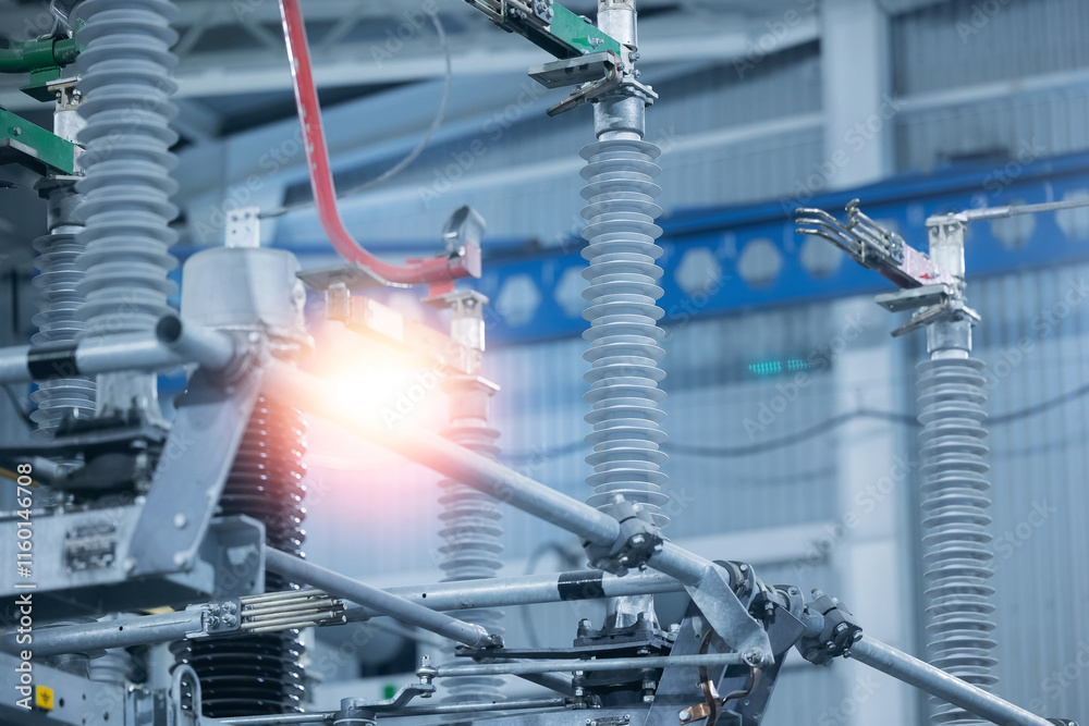 Electrical short circuit on power substation. High voltage breaker with ...