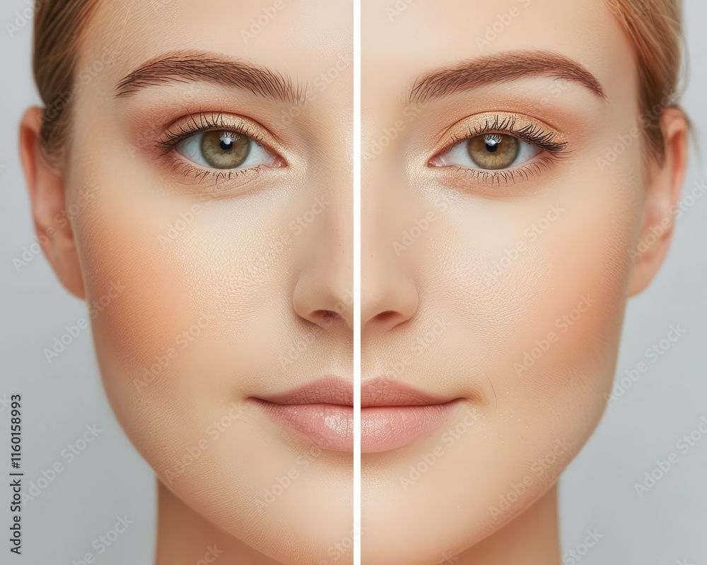 Before to after A bare face illuminated with a light golden highlighter ...