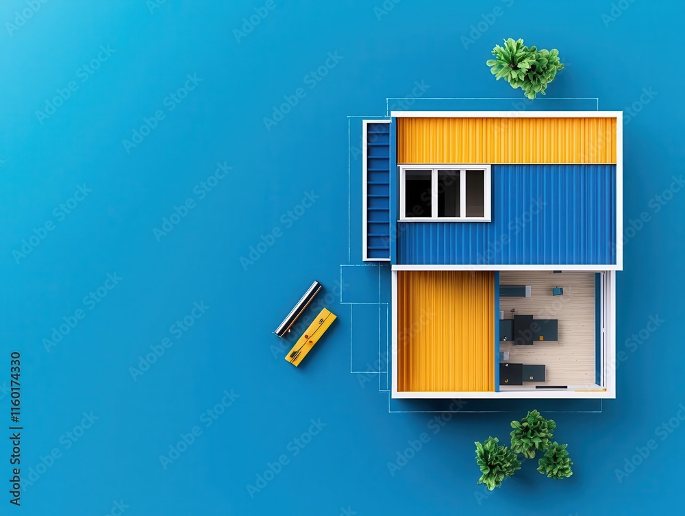 A blueprint of a container residence with a central atrium and natural ...