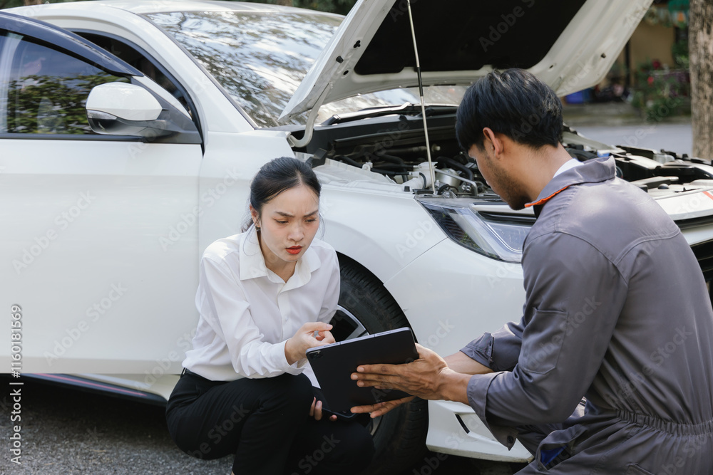 Insurance agents assist clients in an outdoor setting after a car accident, inspecting the ...