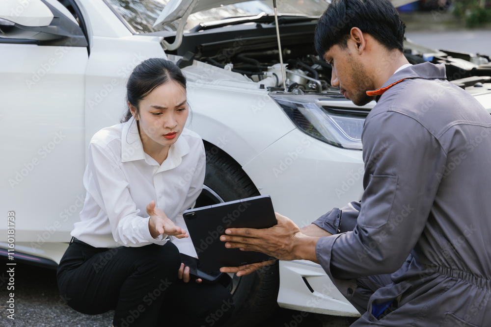 Foto de Stock Insurance agents assist clients in an outdoor setting after a car accident ...