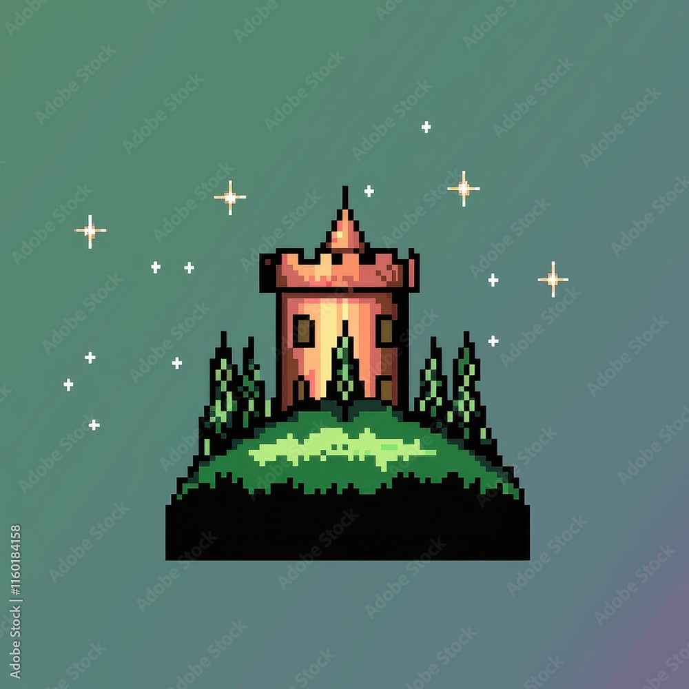 An intricate 8-bit pixel art of a glowing castle on a hilltop ...