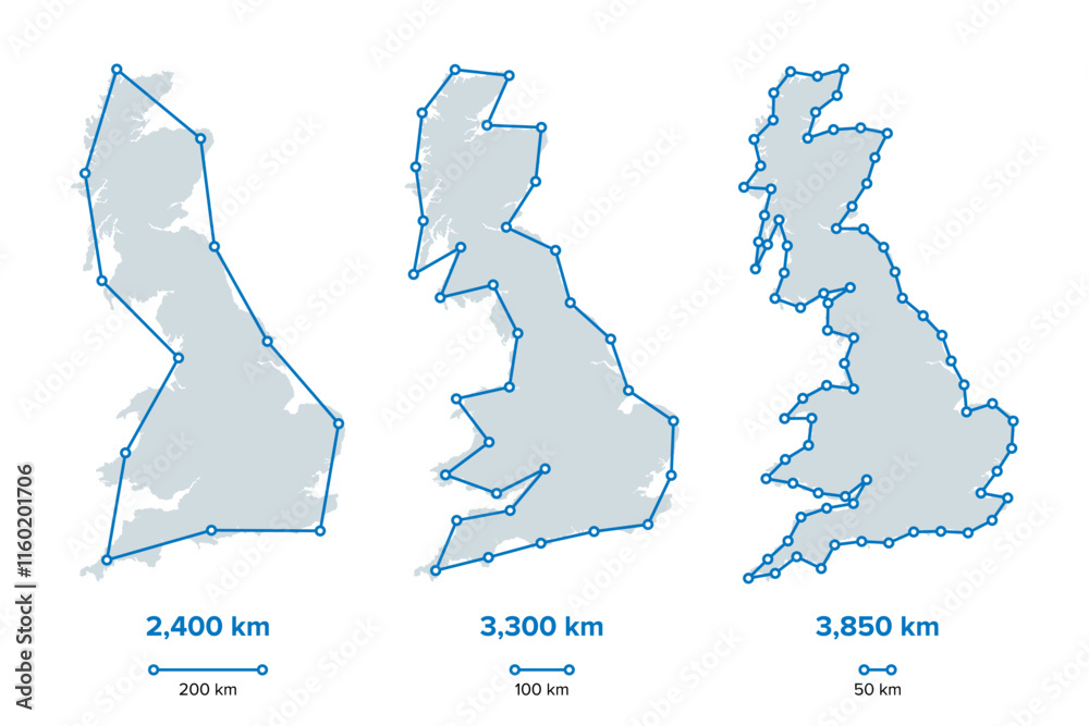 Coastline paradox, fractal curve-like properties of coastlines shown by ...