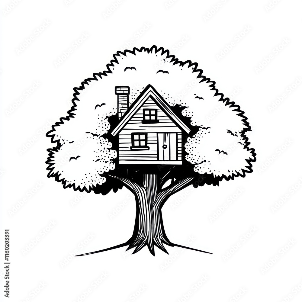 Black and white illustration of a small house nestled within a large ...