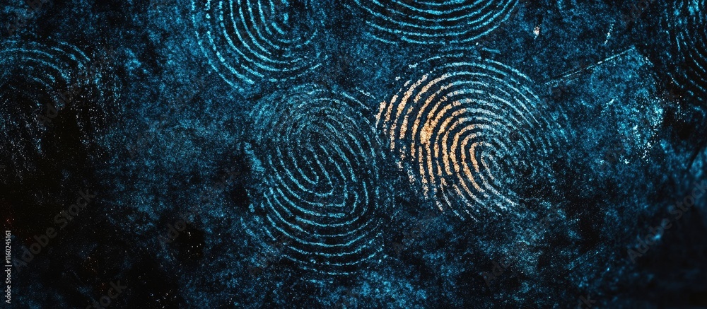 Unique fingerprints on a dark surface representing crime scene evidence with space for ...