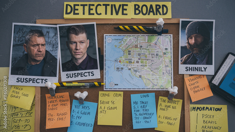 Detective Investigation Board with Clues, String Connections, Photos ...