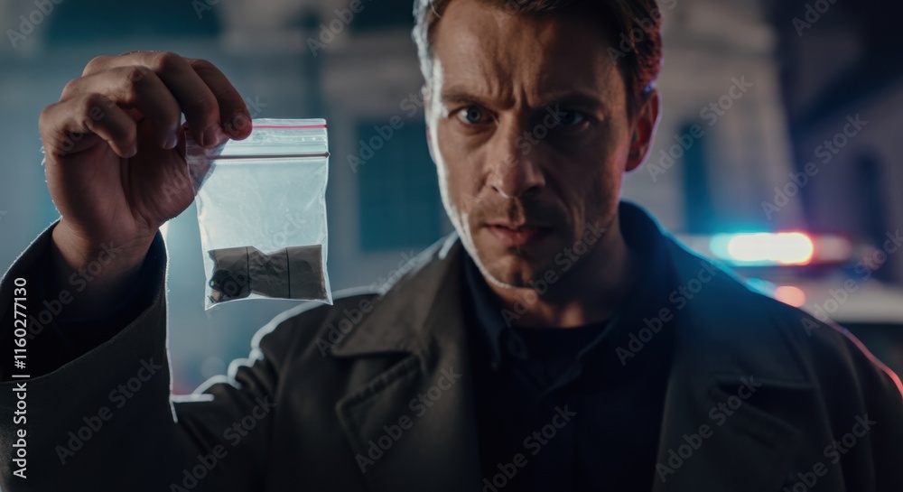 Caucasian adult male police officer holding evidence bag at crime scene ...