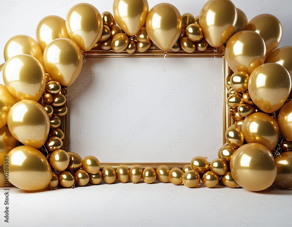 Gold balloons layout and golden rectangle frame backdrop with blank ...