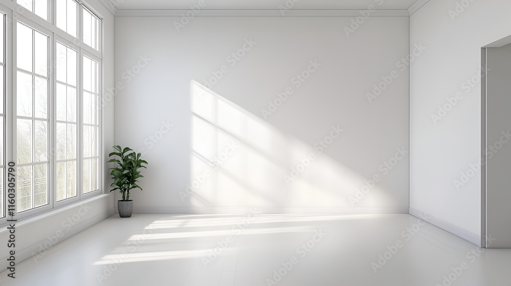 Sunlight illuminates a minimalist white room. background backdrop ...