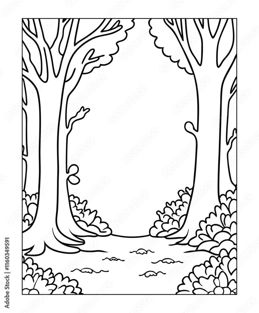 Forest Coloring Page for Kids, line art forest background, cartoon ...