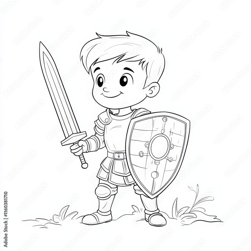 Brave Little Knight: A charming illustration of a young boy, dressed in ...