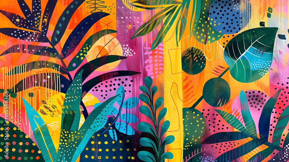 Abstract art painting of a vibrant jungle rainforest with diverse ...