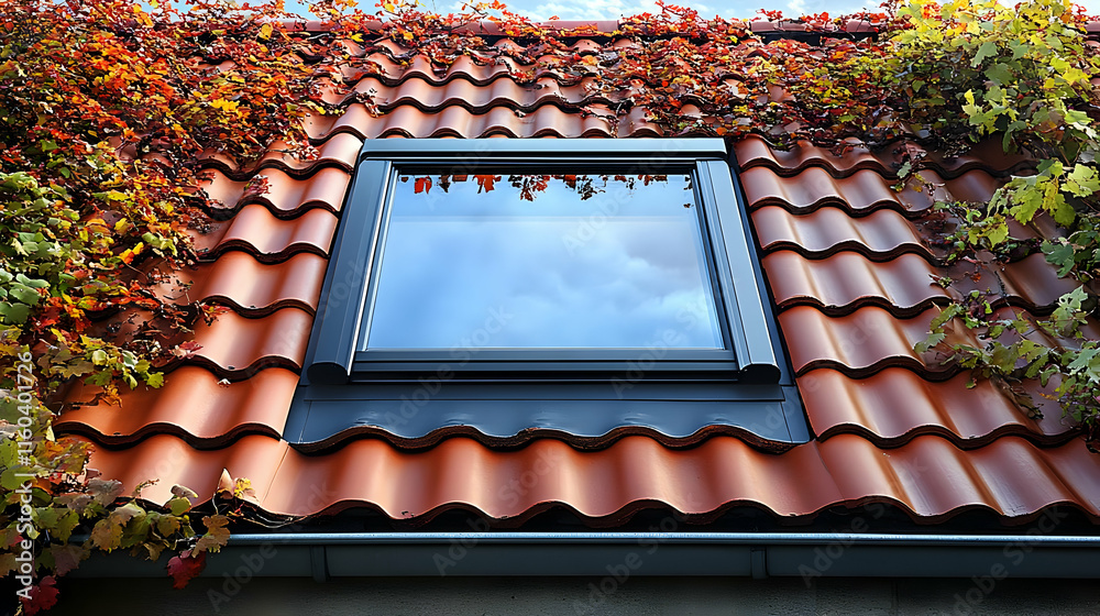 Skylight Window Installed on a Clay Tile Roof with Autumn Vines ...