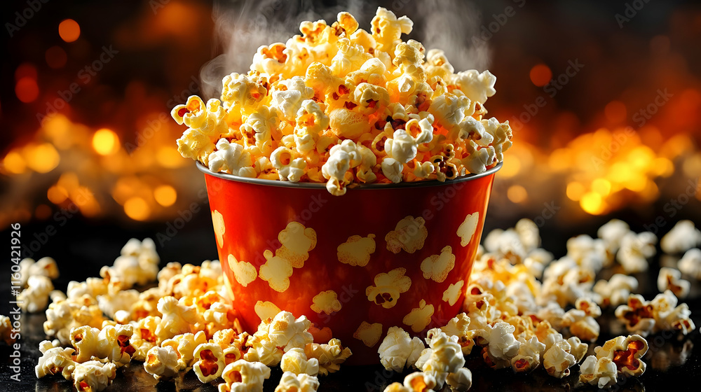 Steaming Hot Popcorn Overflows from a Red Bucket onto a Shiny Black ...