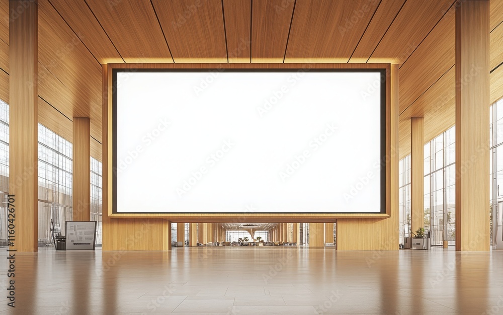 Blank white poster framed in natural wood, displayed with an image of a ...
