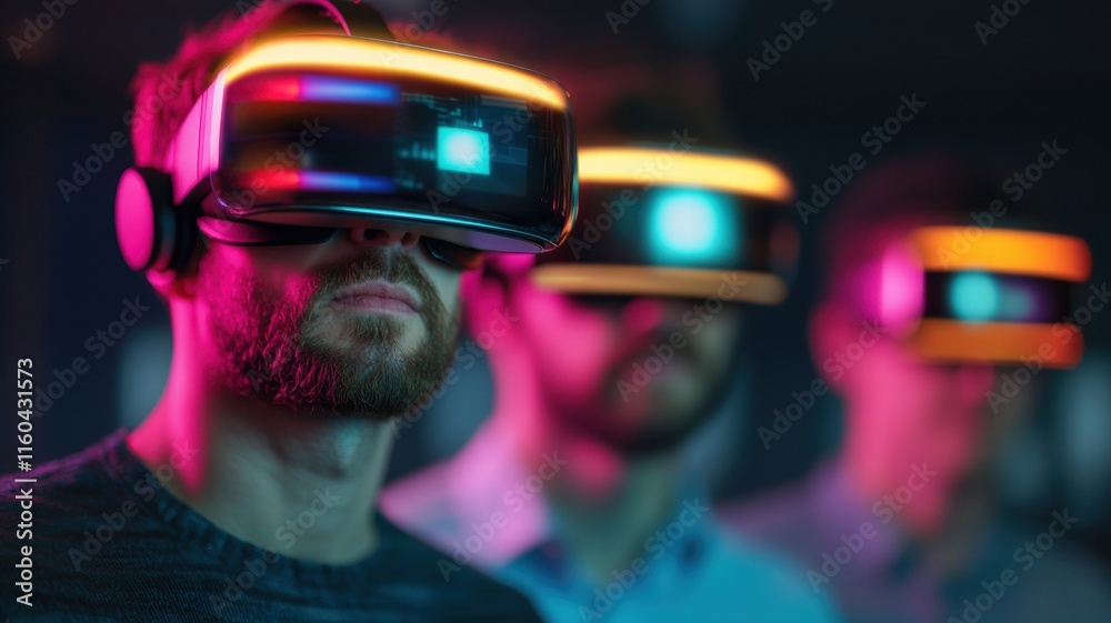 Three individuals wearing VR headsets experience immersive technology ...