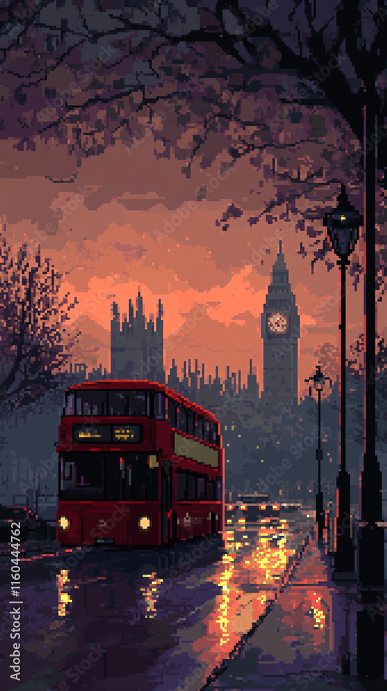 pixel art Scenic illustrations London drizzling rain iconic landmark ...