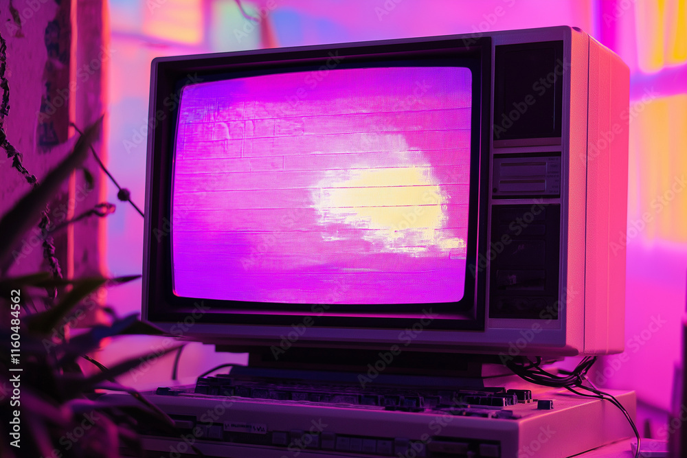 80s Retro wave style background displayed on vintage computer screen ...