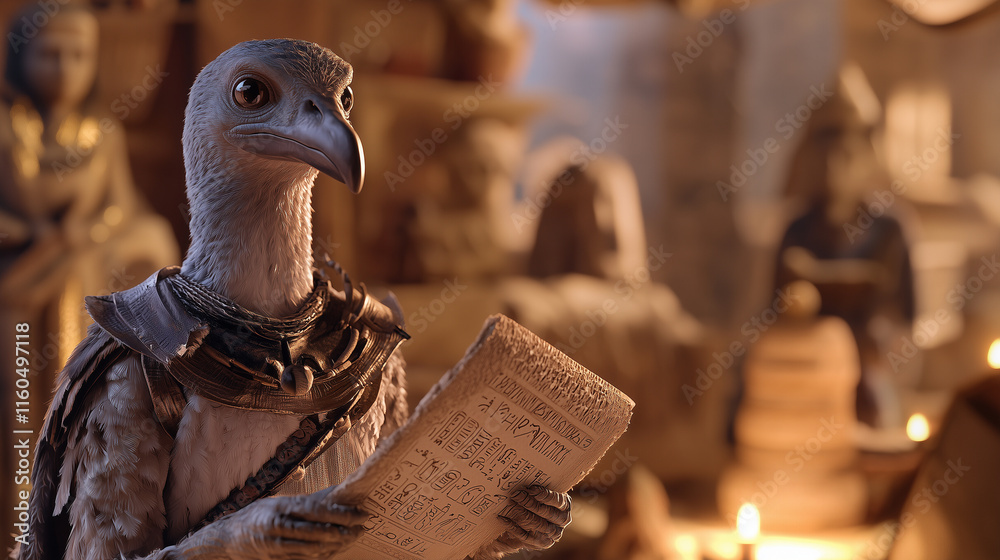 A realistic scene of Thoth, the ibis-headed god, holding a scroll of ...